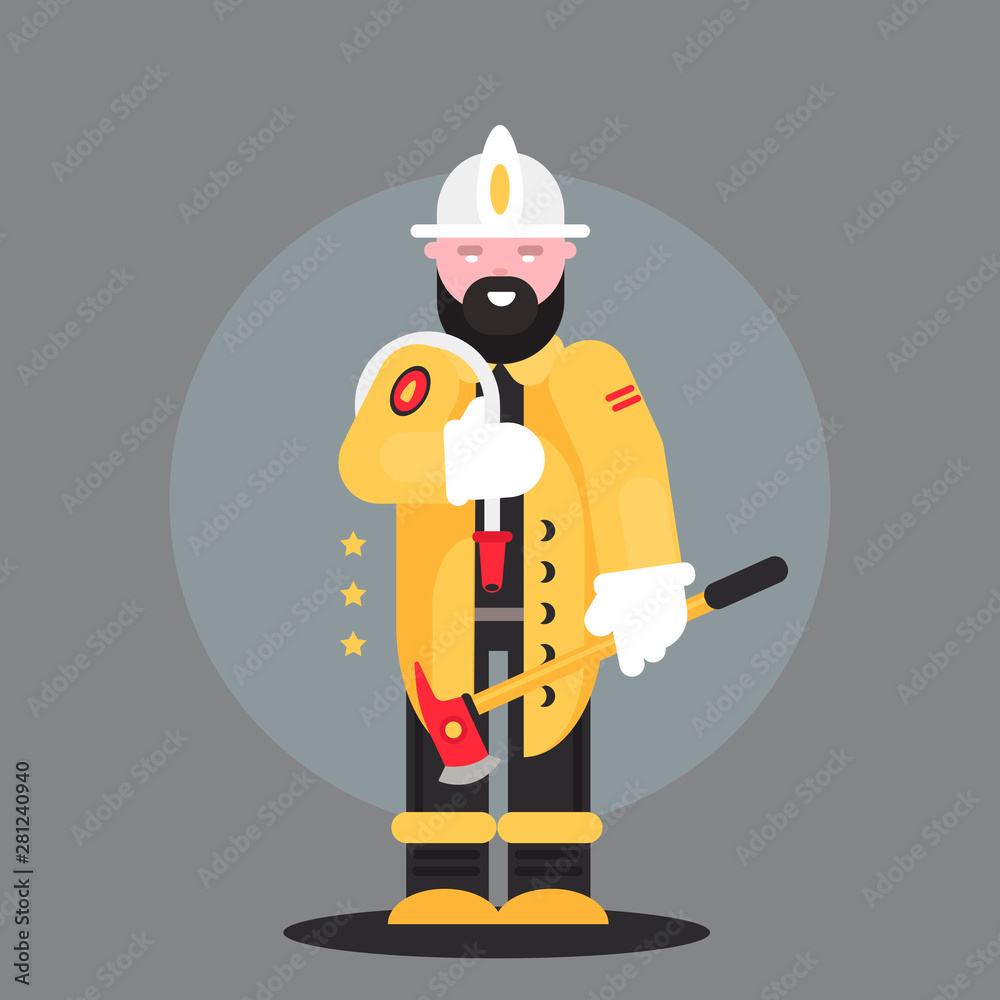 Firefighter, man from fire brigade, standing full face in form of ...