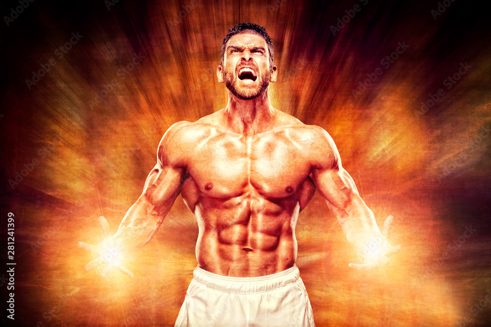 Muscular Men Screaming from The Rush of Energy Trough His Body Stock ...