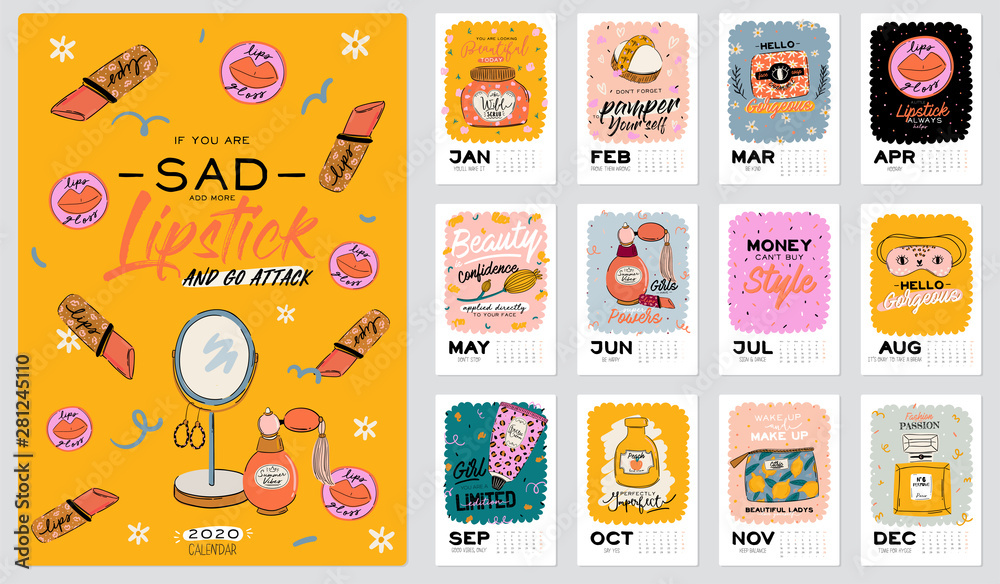 Cute Girl Power skincare wall calendar. 2020 Yearly Planner with all ...