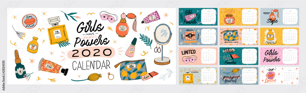Cute Girl Power skincare wall calendar. 2020 Yearly Planner with all ...