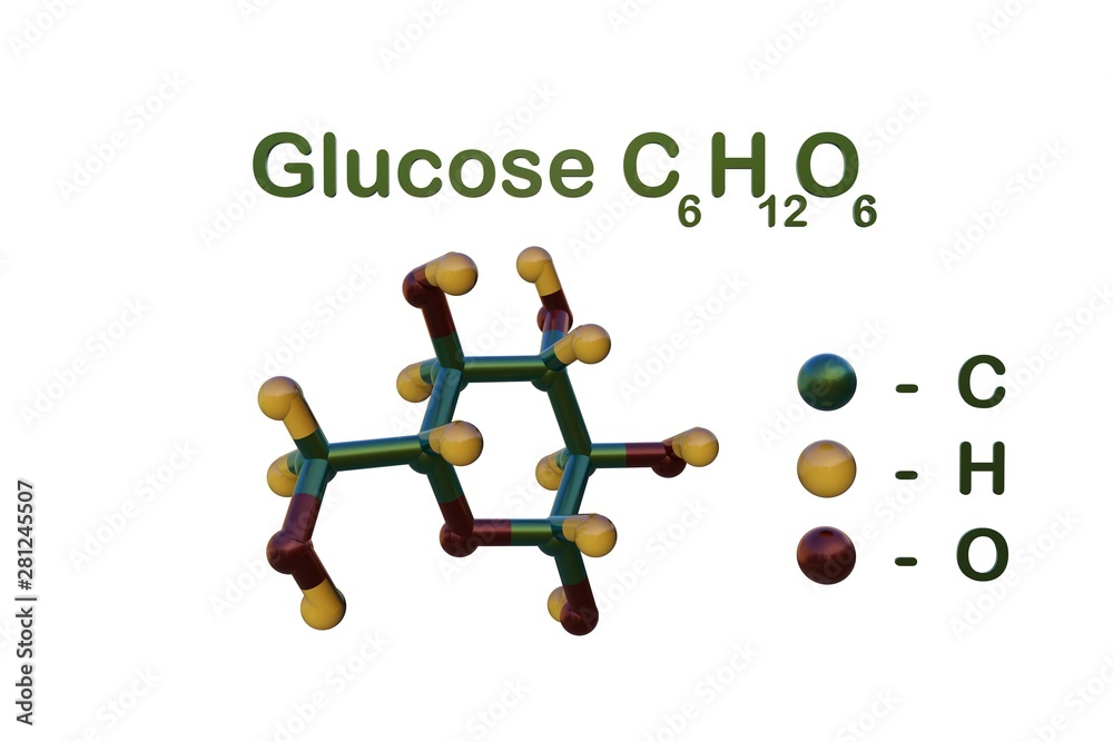 Structural chemical formula and molecular model of glucose or dextrose ...