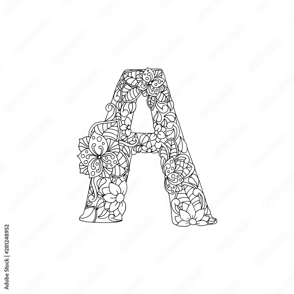 Coloring Book Floral Ornamental Alphabet, Initial Letter A Font. Vector ...