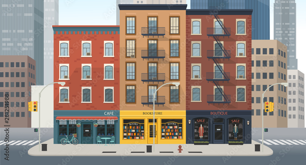 City building houses with shops: boutique, cafe, bookstore.Vector ...