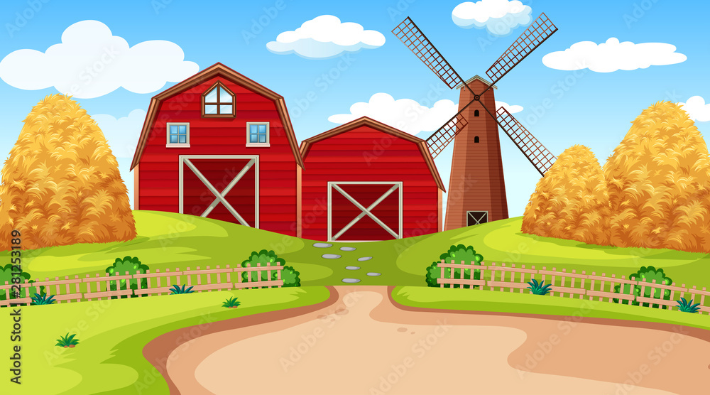 Farm scene in nature with barn Stock Vector | Adobe Stock
