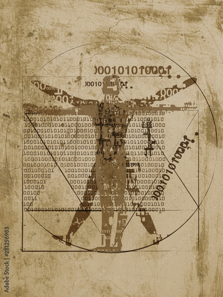 Vitruvian man of digital age. Futuristic Illustration of vitruvian man with a binary codes on ...