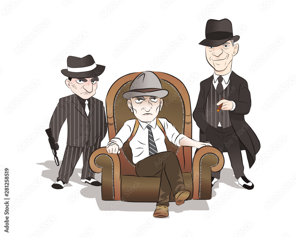 Vetor de Mafia sitting on brown vintage sofa. wear hat and hold gun ...