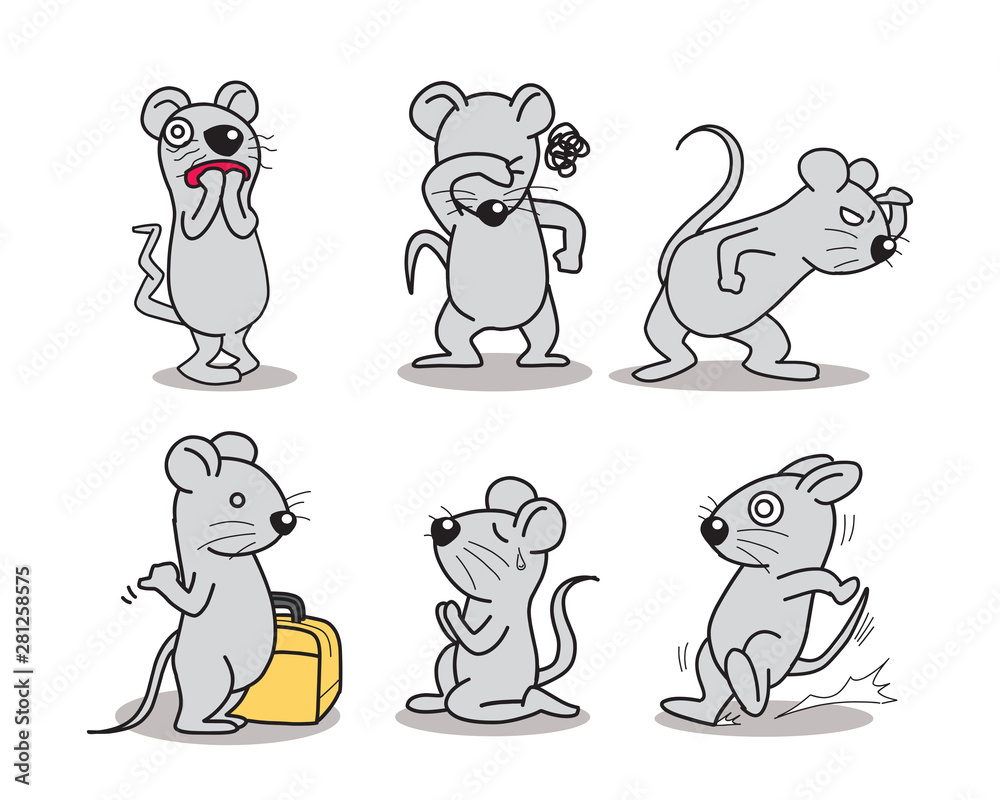 A rat cartoon several action. standing walking seeing scare happy ...