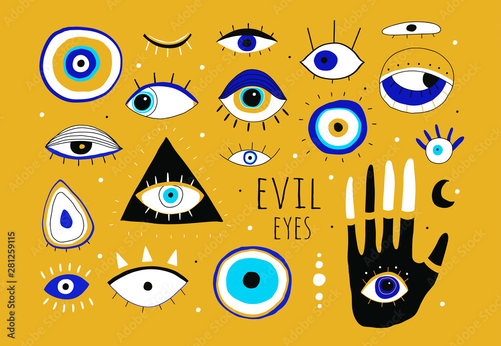 Evil eyes. Set of hand drawn various talismans. Different shapes. Flat ...
