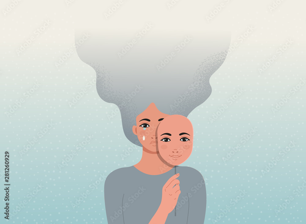 Sad woman is covering her face with a smiling mask. Concept good and ...