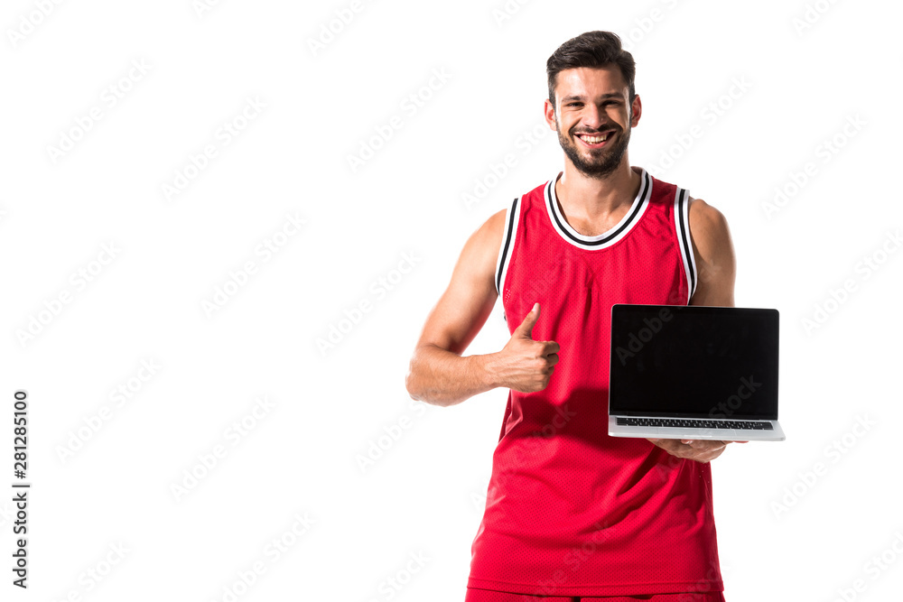 basketball player showing thumb up and holding laptop Isolated On White ...