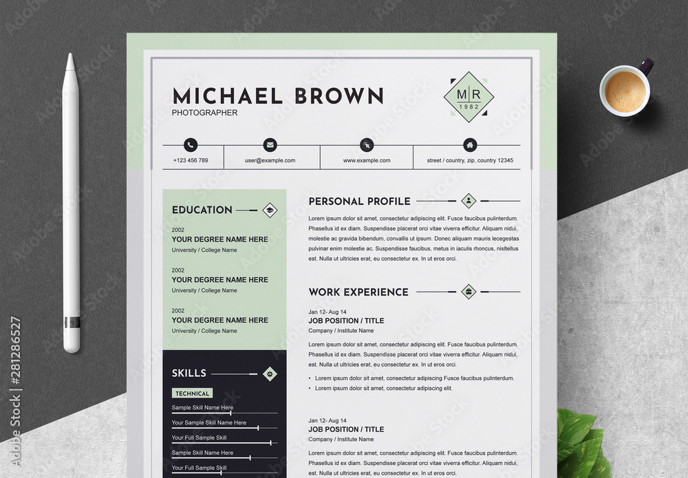 Green Resume Layout with Border Stock Template | Adobe Stock