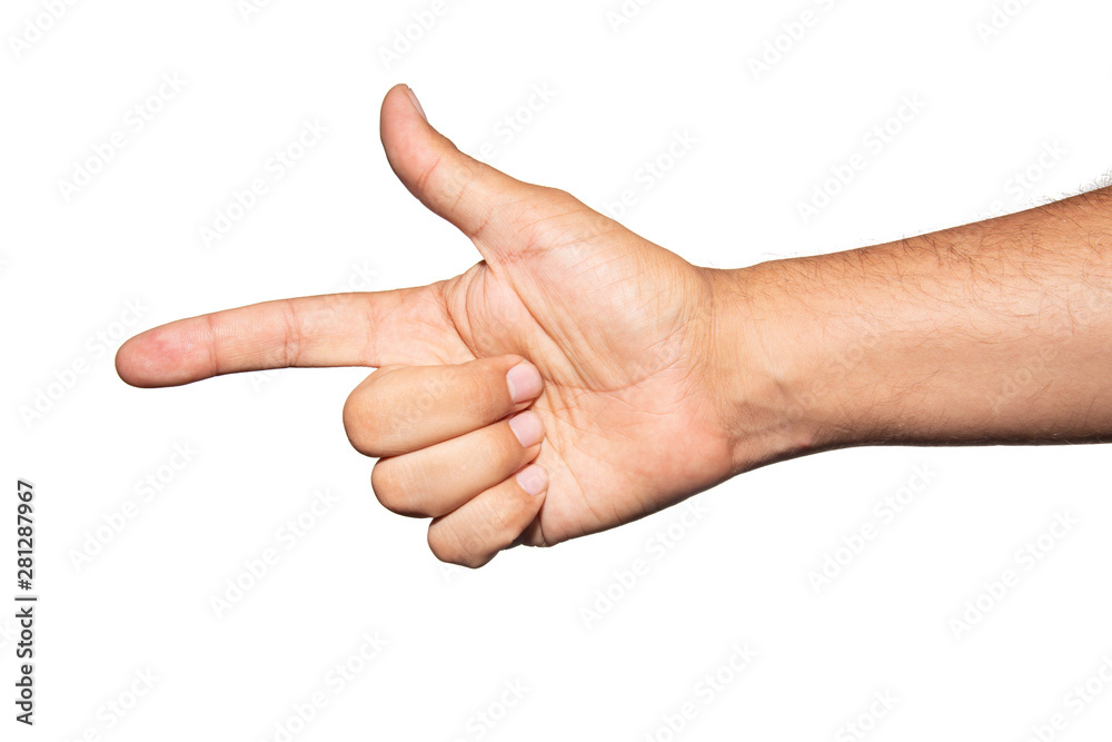 Hand with fingers set into gun gesture. Isolated on a white background ...