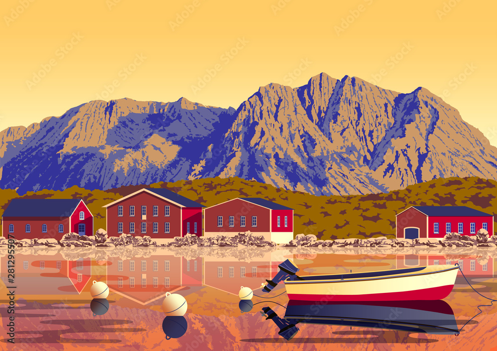 Summer countryside with traditional houses, sea, boat and mountains in ...