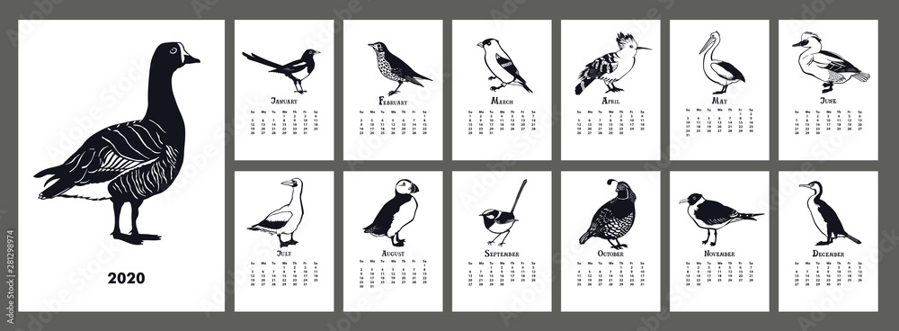 The calendar 2020 The Birds Black silhouette Stock Vector | Adobe Stock