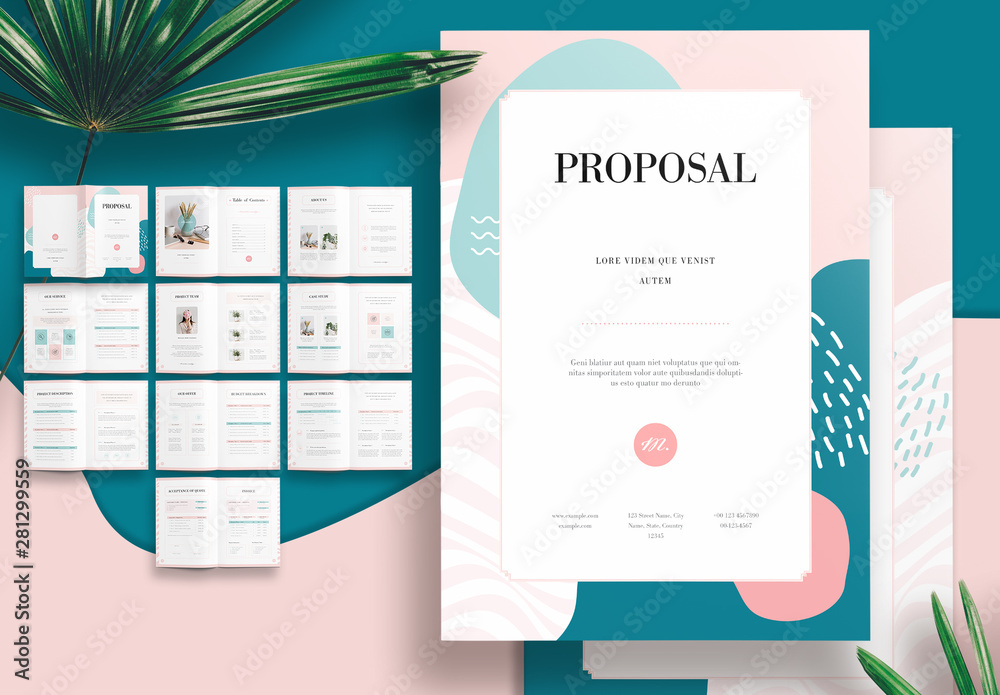 Minimalist Proposal Brochure Layout with Green and Pink Accents Stock ...