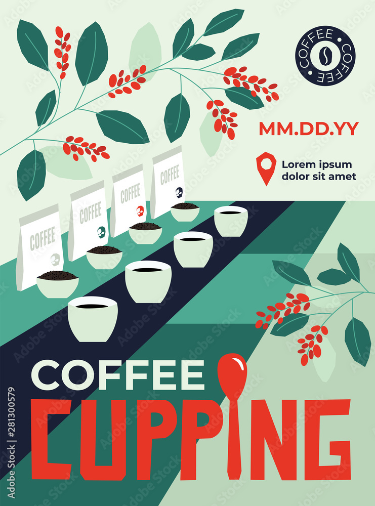 Vector illustration with several cups of brewed and ground coffee on ...