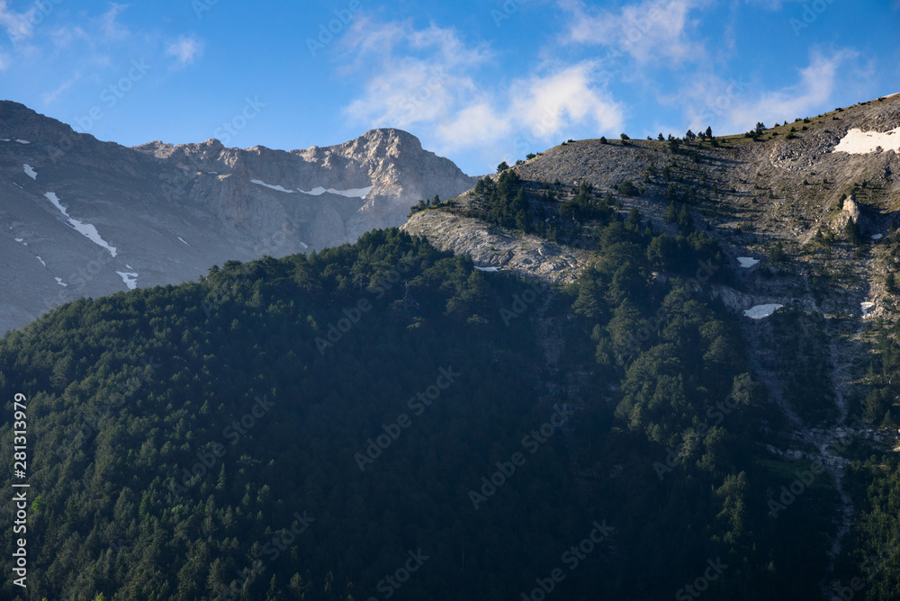 Landscape of the Olympus mountain range. View of a high rocky peaks in ...