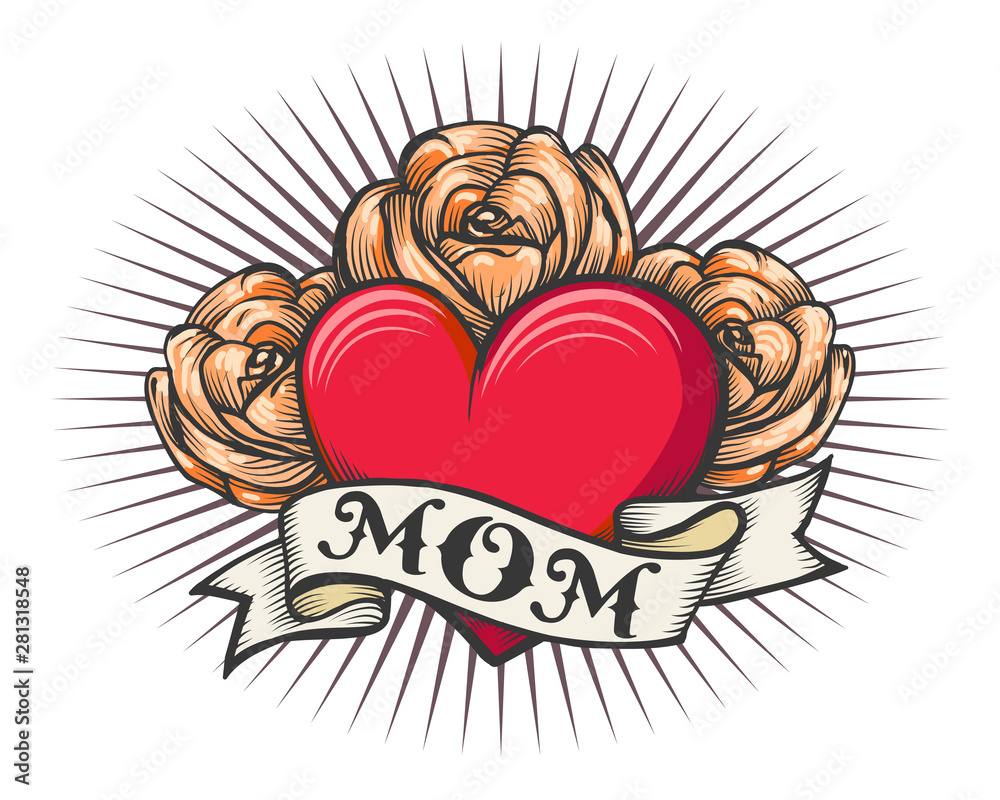Old school Tattoo Of Heart and Roses Stock Vector | Adobe Stock