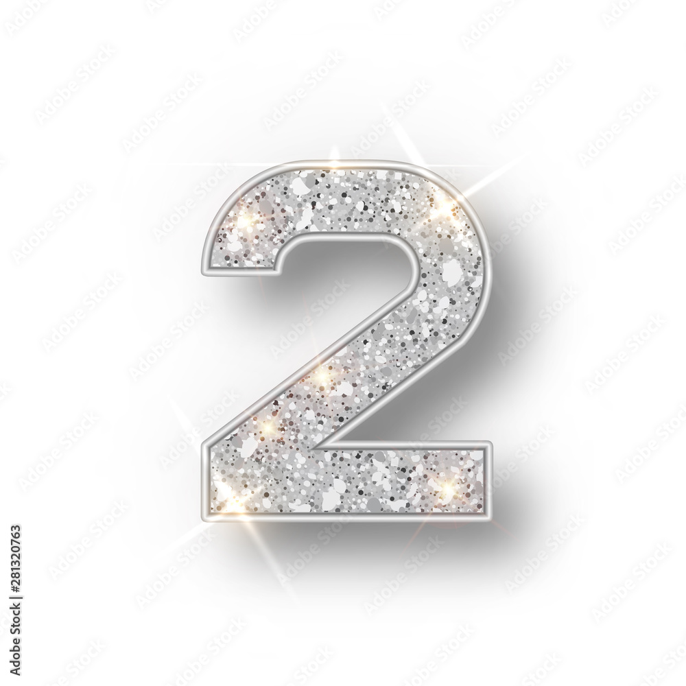 Silver glitter alphabet numbers 2 with shadow. Vector realistick ...