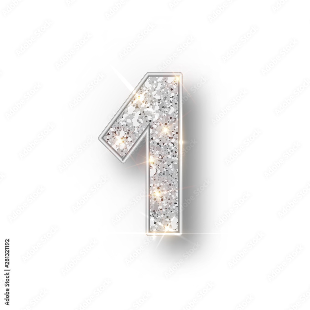 Silver glitter alphabet numbers 1 with shadow. Vector realistick ...