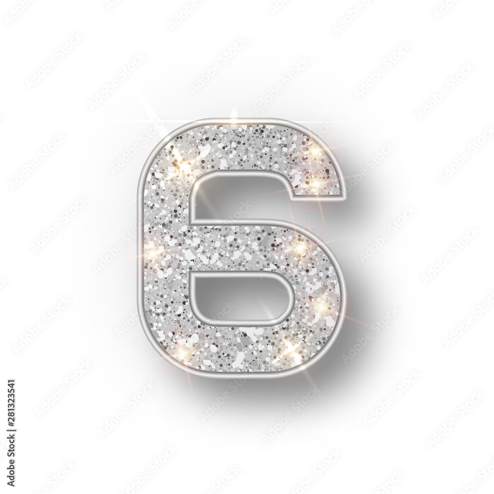 Silver glitter alphabet numbers 6 with shadow. Vector realistick ...