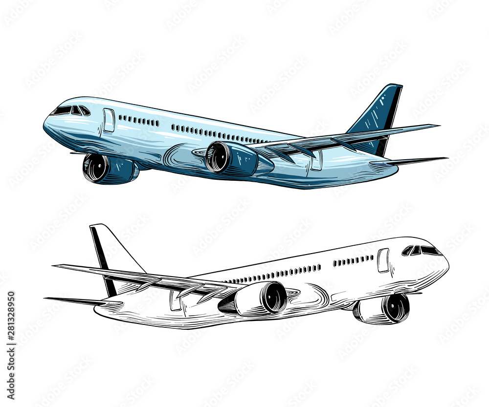 Hand drawn sketch of aircraft in blue color isolated on white ...