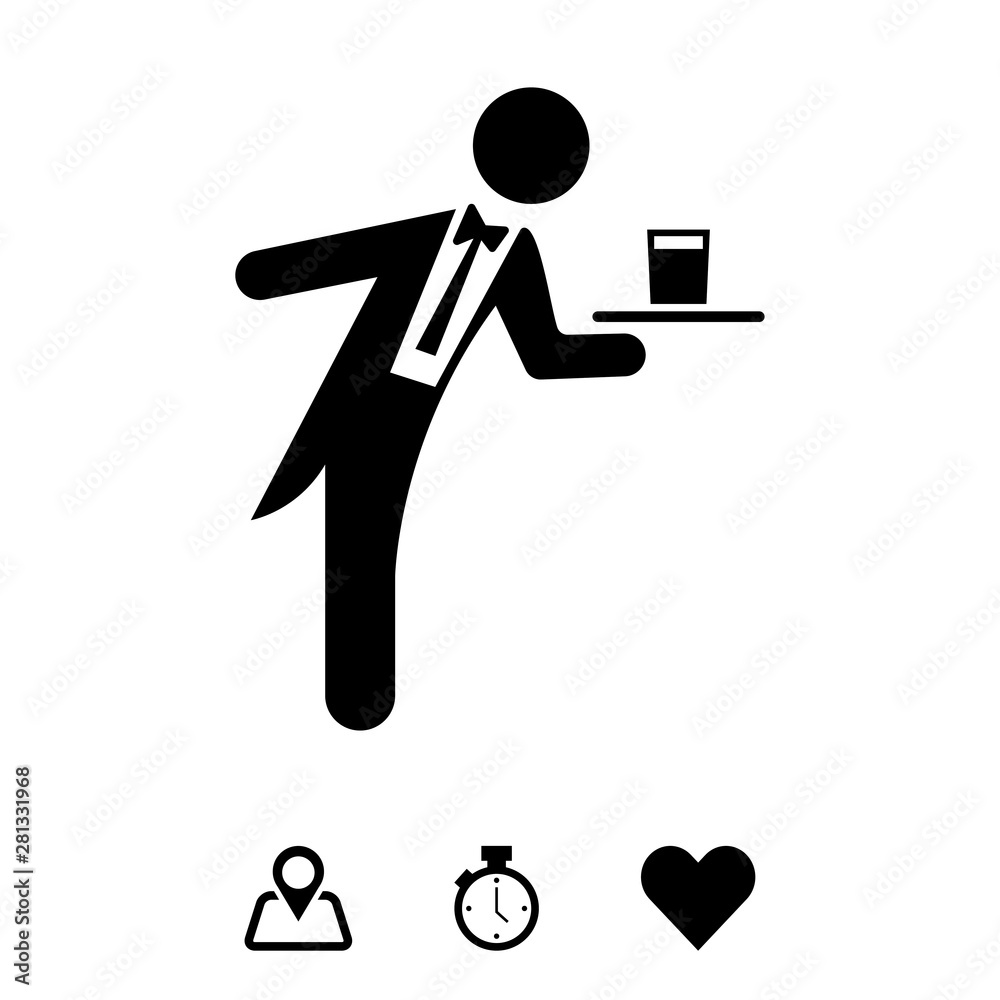 Waiter serving a drink on a tray icon illustration isolated vector sign ...