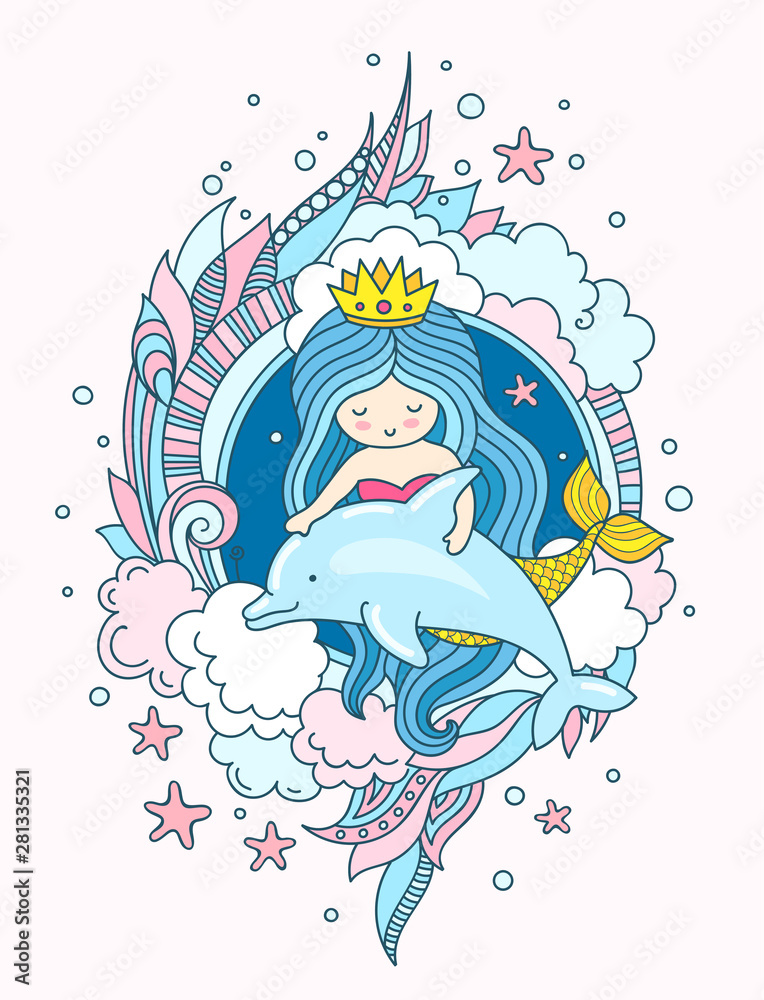 Little kawaii princess mermaid with dolphin. Siren with long blue hair ...