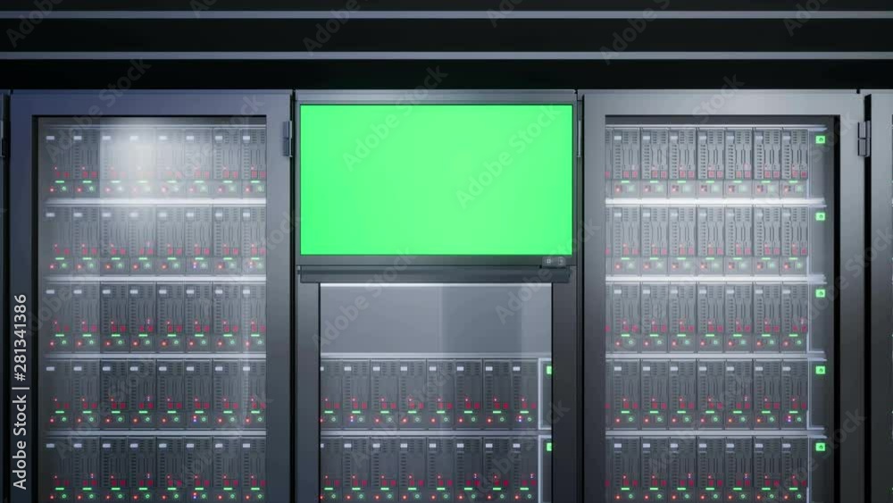Camera zoom to server racks with lcd display with chroma key for system ...