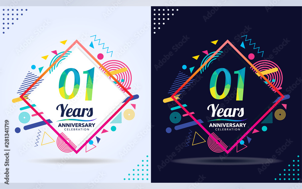 1 years anniversary with modern square design elements, colorful ...