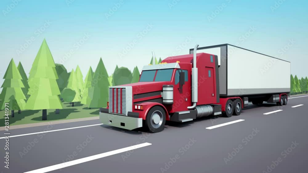 Front view camera follows American semi truck with cargo trailer ...