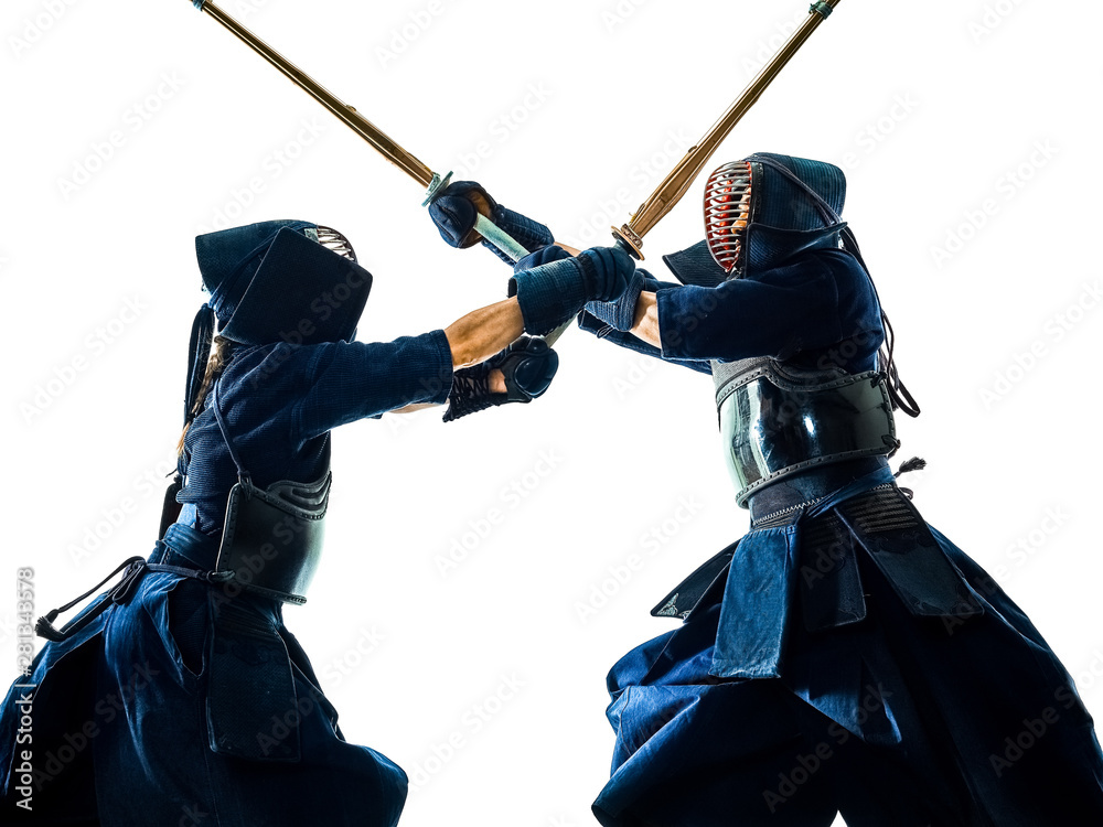 two Kendo martial arts fighters combat fighting in silhouette isolated ...