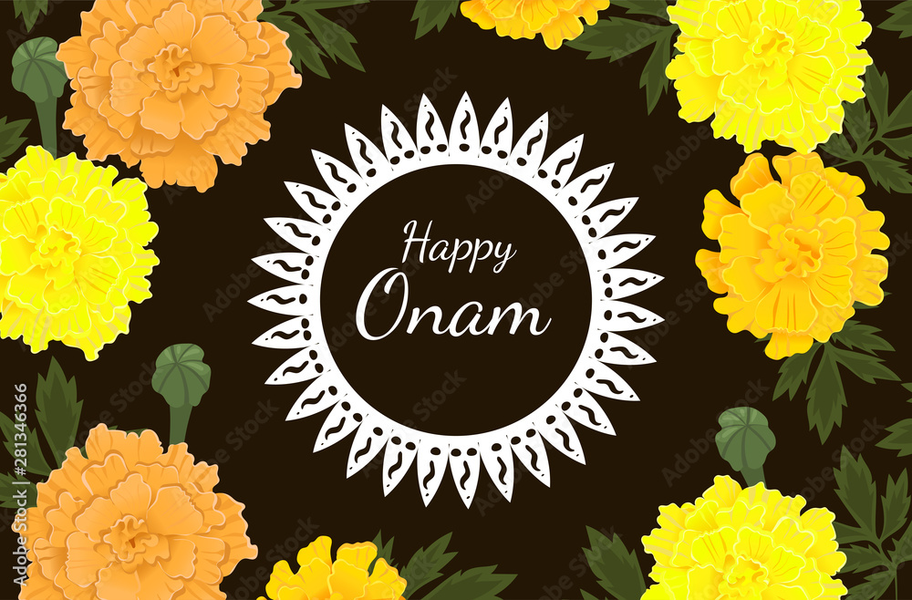 Happy onam congratulatory banner with a frame of marigolds. Vector ...