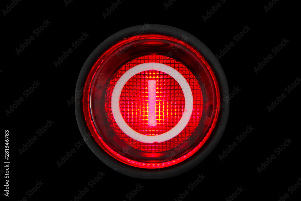 Round red power (on and off) button or switch with retro light ...