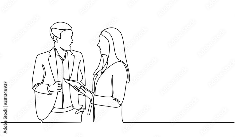 Continuous line drawing of two business people discussing in the ...