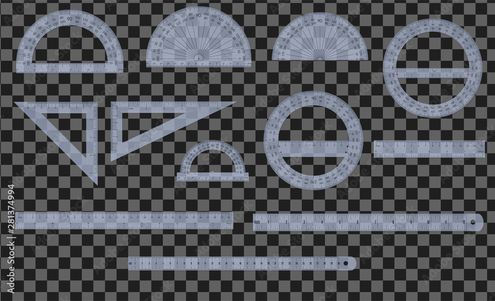 School set of plastic measure ruler, protractor and triangle in both ...