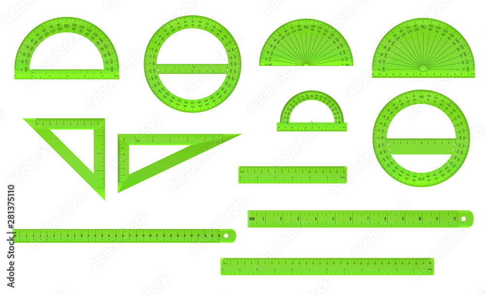 School set of plastic measure ruler, protractor and triangle in both ...