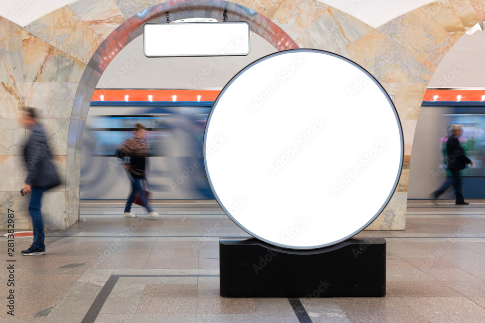 Moc up lightbox at metro station. Blurred movement people against ...