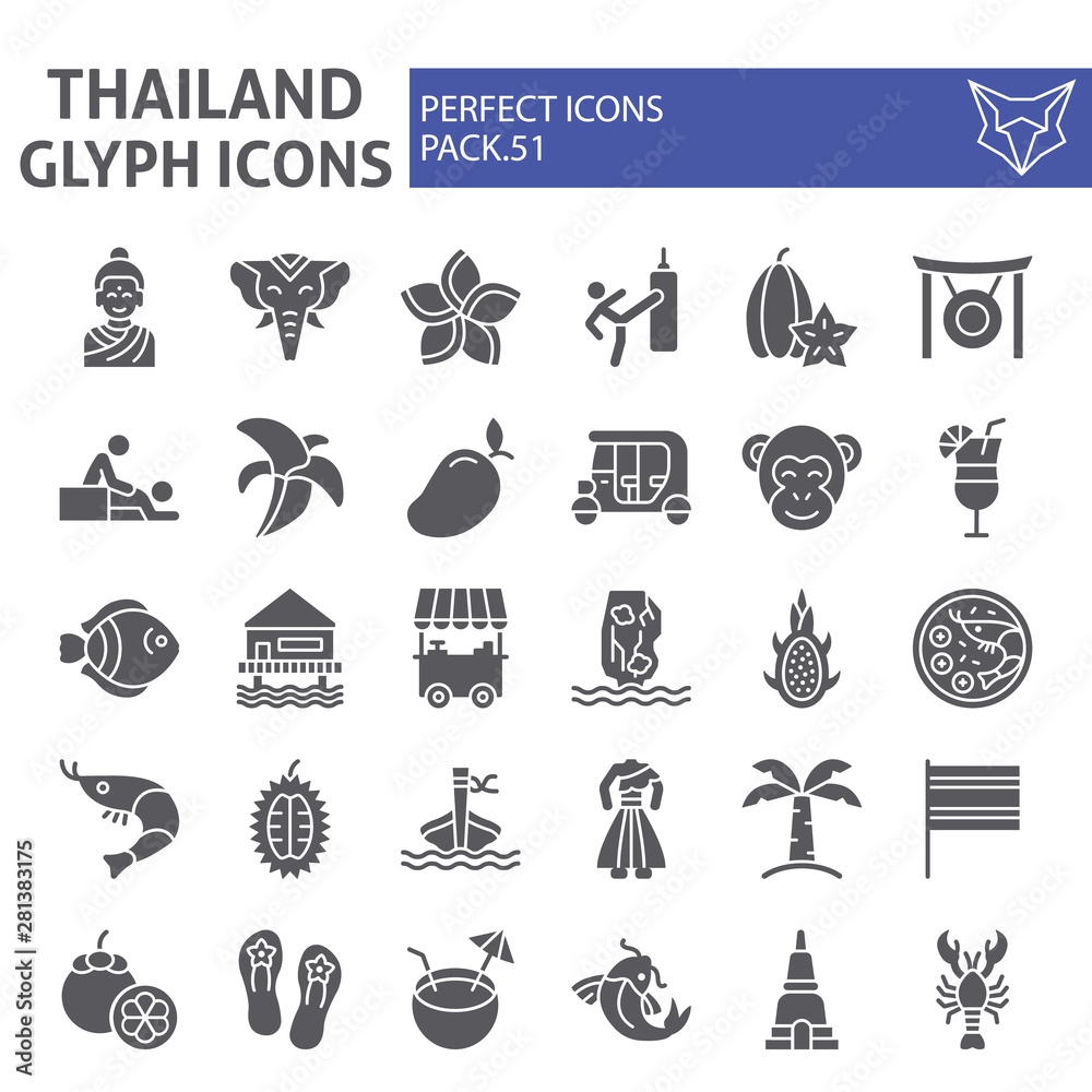 Thailand glyph icon set, thai symbols collection, vector sketches, logo ...
