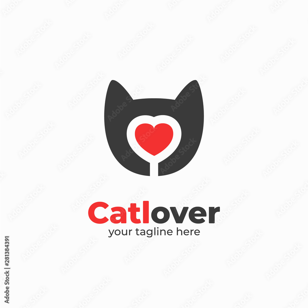 Cat lover logo with cat head silhouette and red amour icon illustration ...