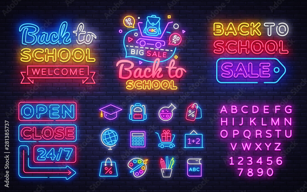 School neon icons set. Back to School Sale neon signs design template ...