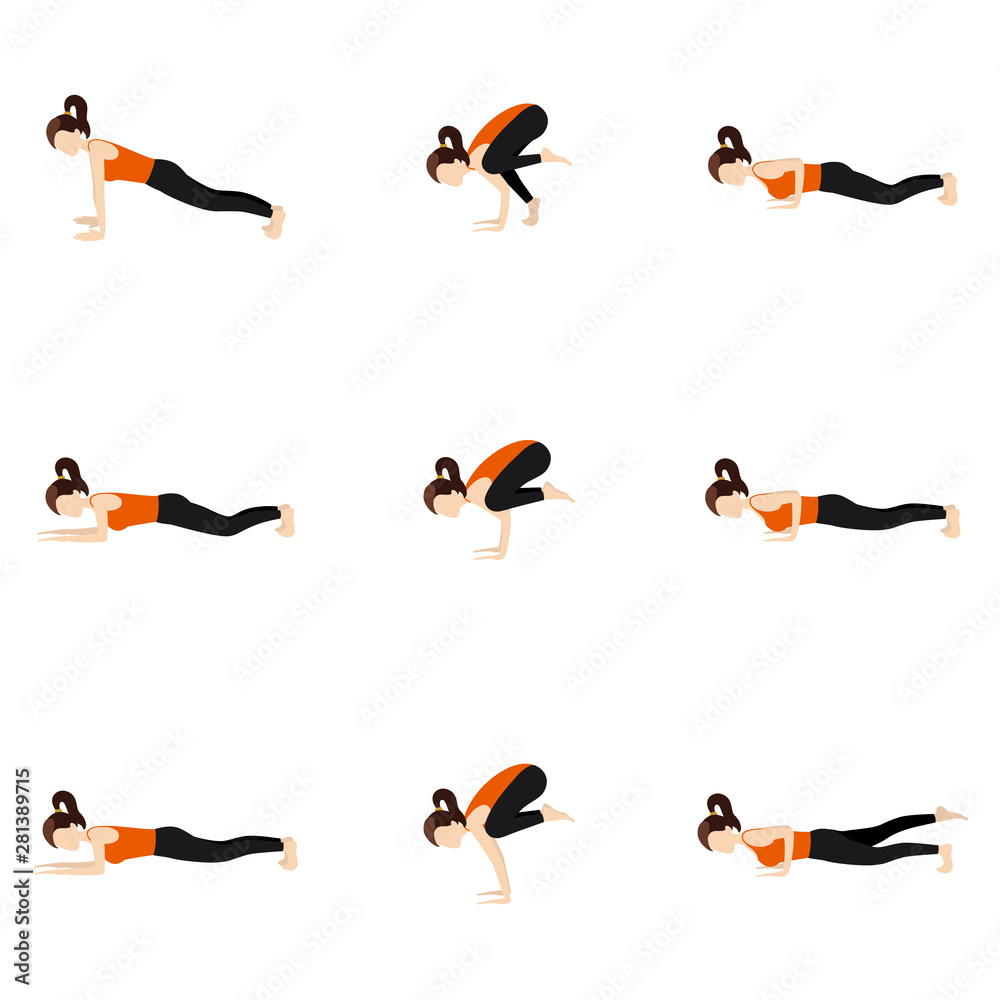 Arm balance yoga poses set/ Illustration stylized woman practicing arm ...