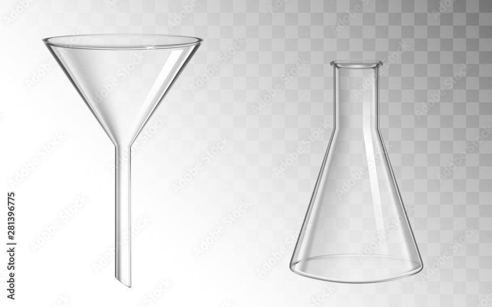 Glass funnel and flask, glassware for chemical laboratory isolated on ...