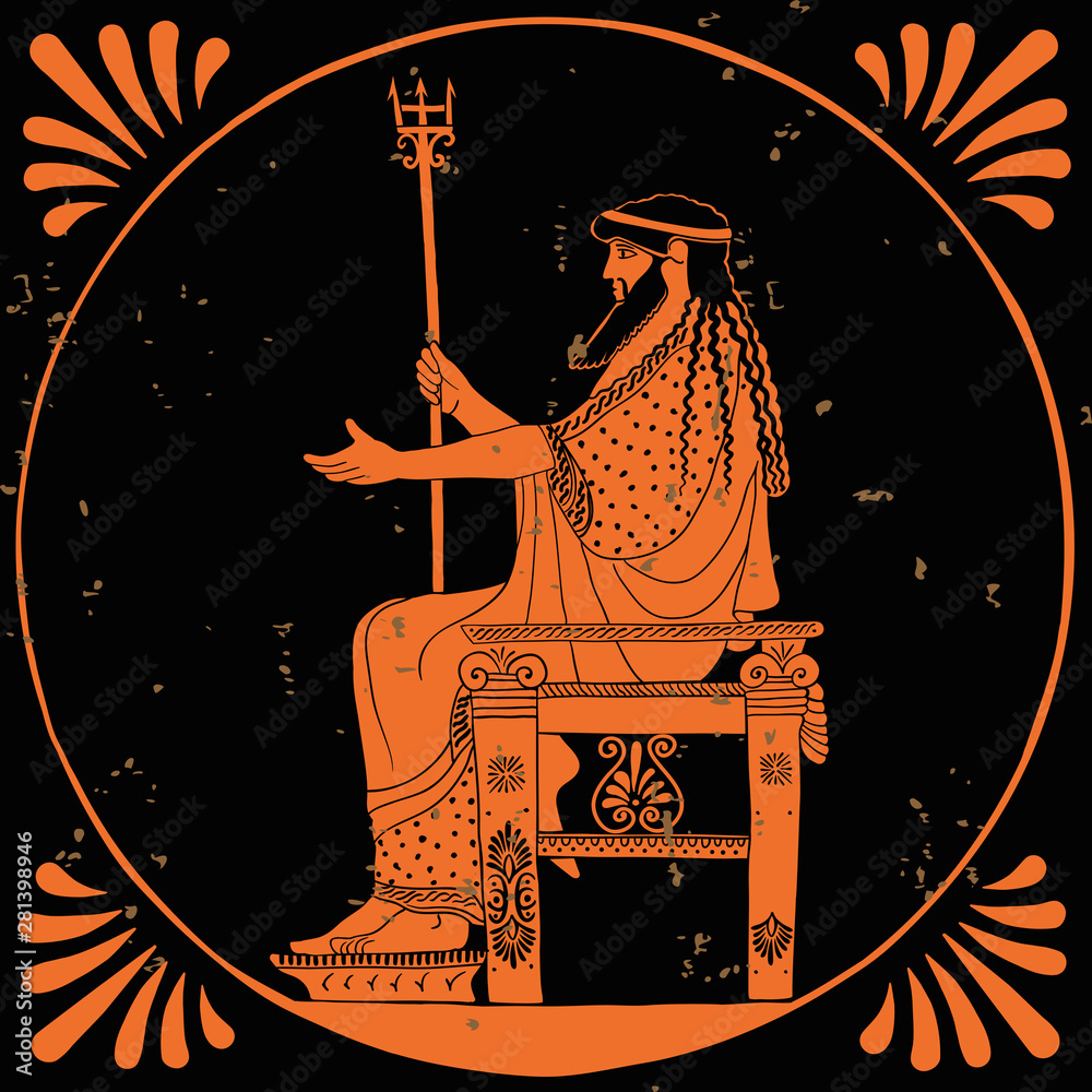 The ancient Greek god of the sea, Poseidon, sits on his throne with a ...