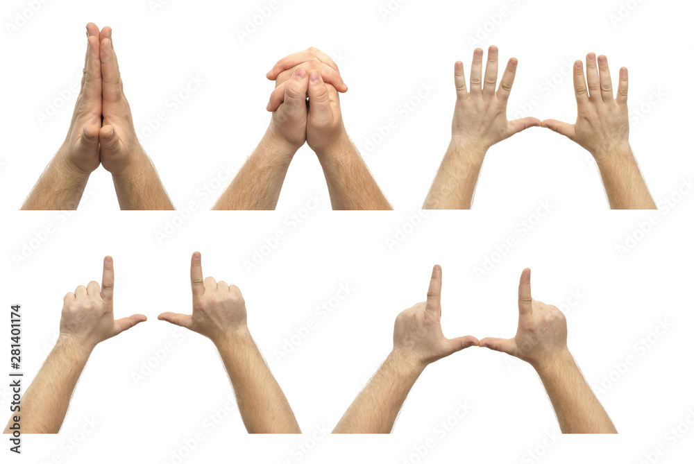 Collage of male hands showing various gestures isolated on white ...