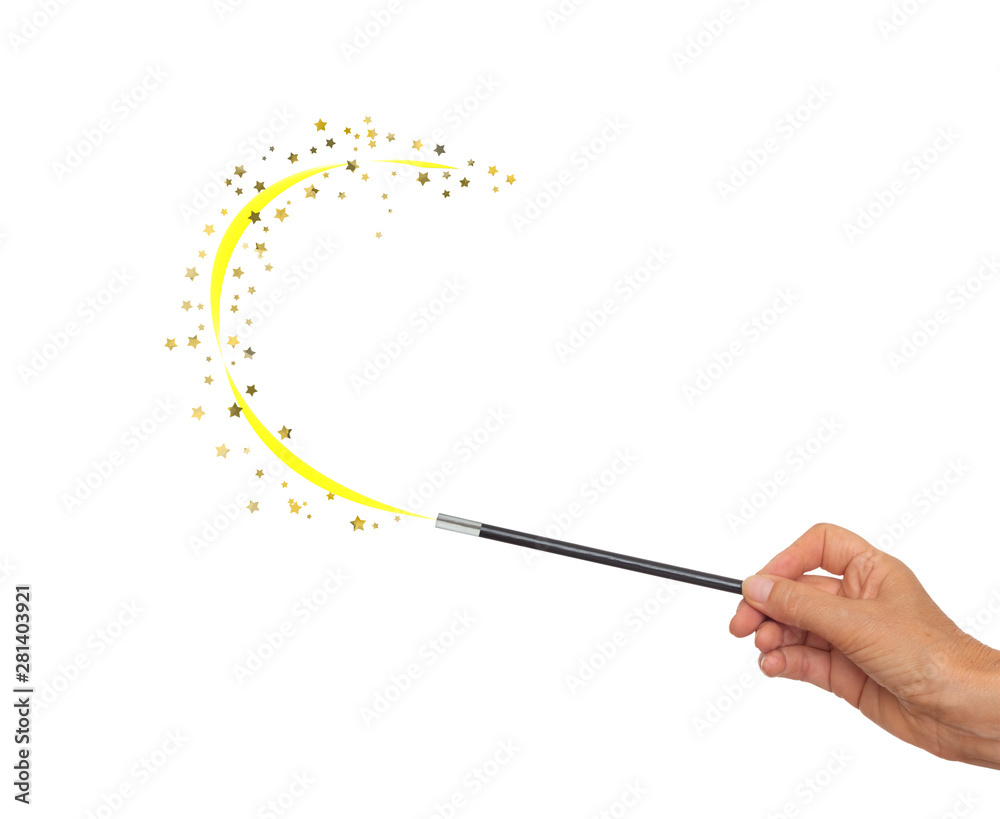Magic wand in hand with flourish, gold stars, for frame, border ...