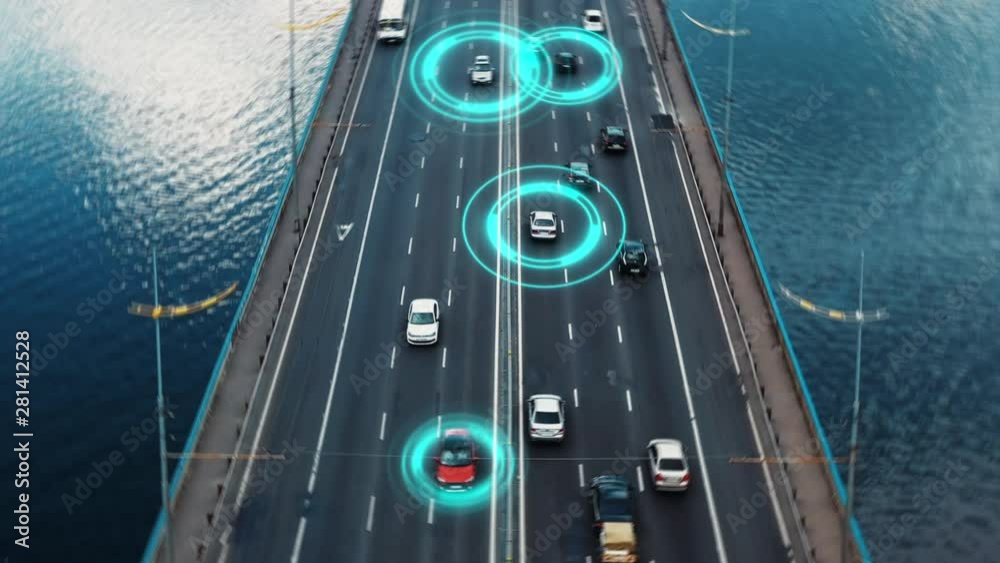 Drone aerial view traffic driving through the bridge to the city ...