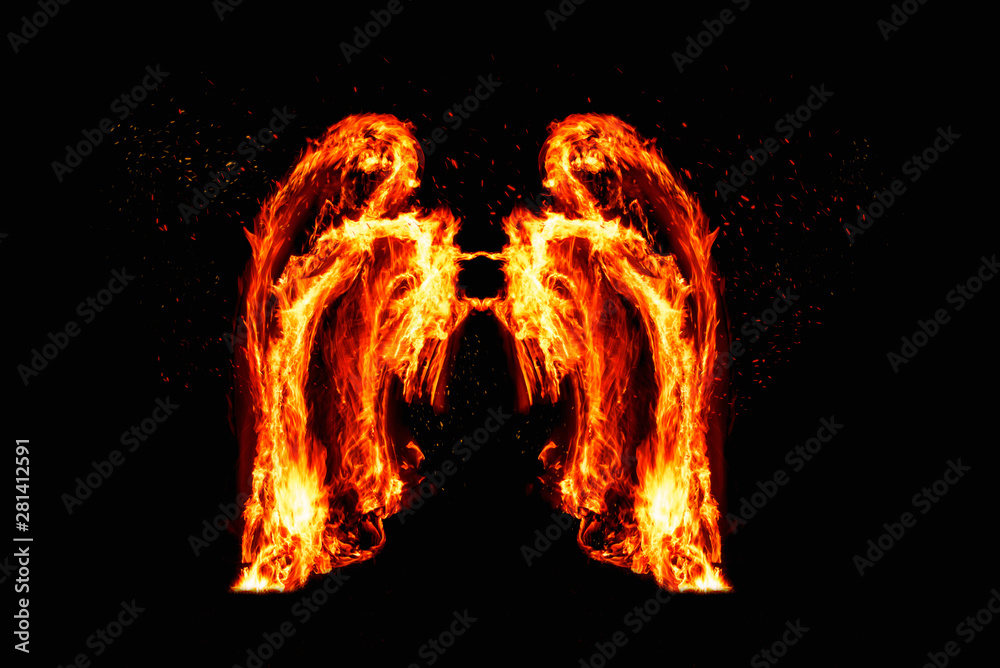 Angelic Wings Made Of Real Fire With Black Background. Heavenly Wings ...