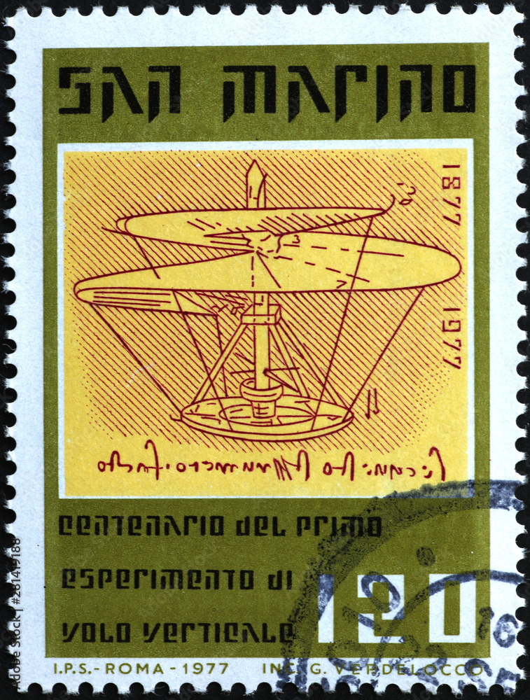 Flying machine invented by Leonardo on postage stamp Stock Photo ...