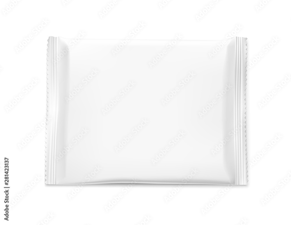 Realistic flow pack mockup. Front view. Vector illustration isolated on ...